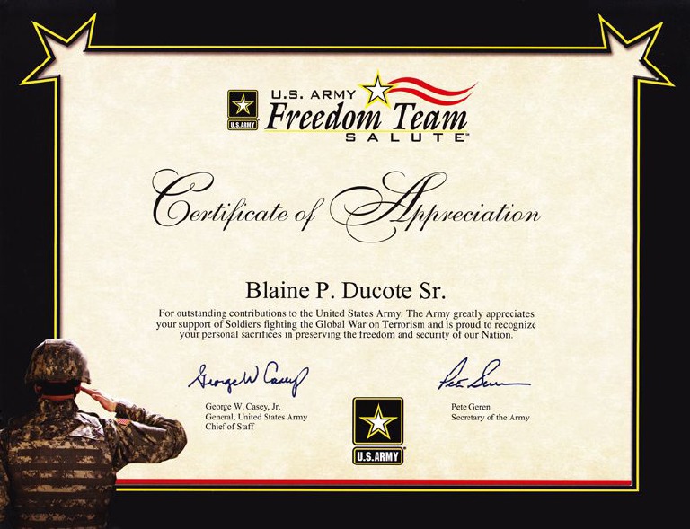 Freedom Team Salute Appreciation Certificate Example | PDF