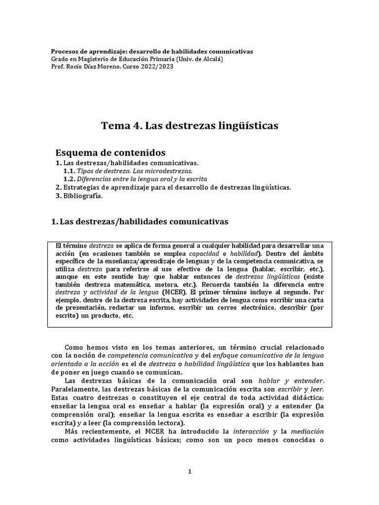 Tema 4 Destrezas Lingüísticas | PDF | Aprendizaje | Dialecto