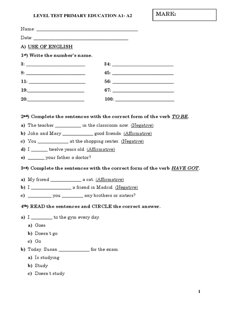 Level Test Primary Education A1-A2 | PDF