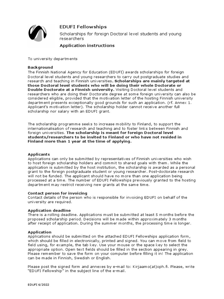 EDUFI Fellowships Application Form and Instructions 22062022 | PDF | Doctorate | Postgraduate ...