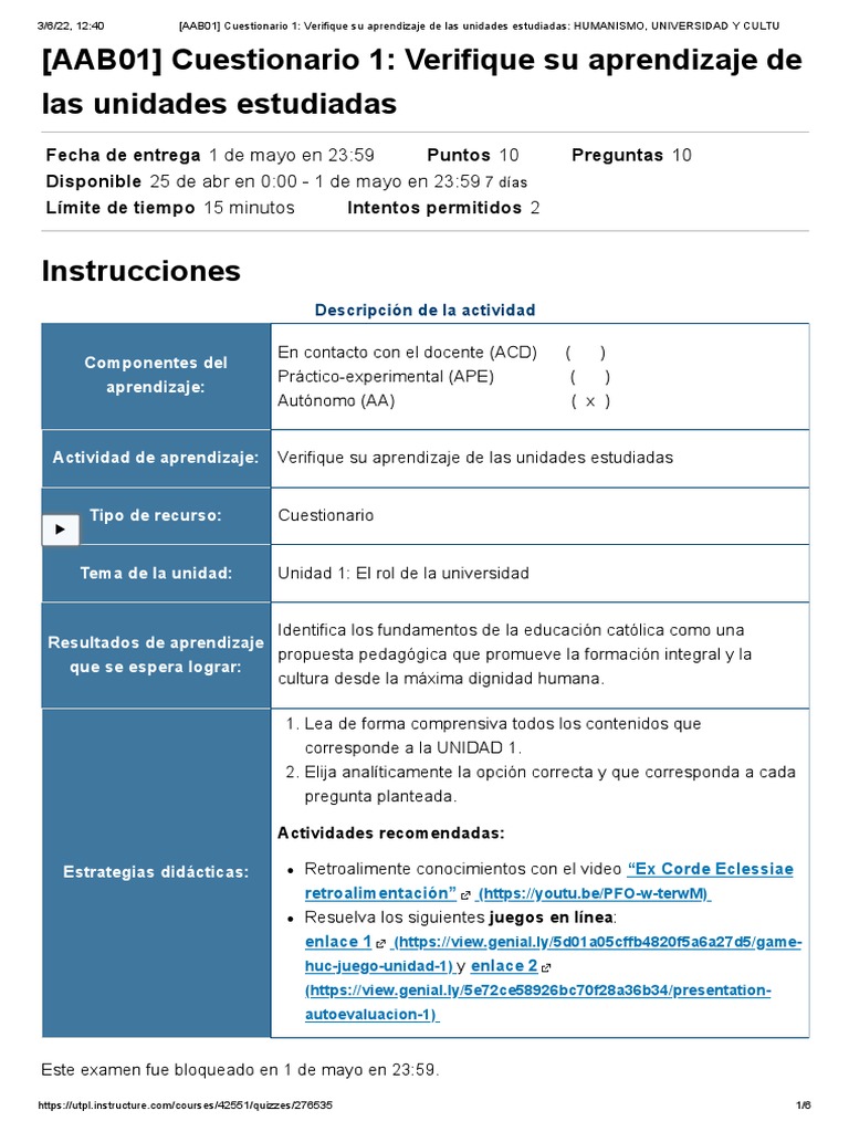 (AAB01) Cuestionario 1 - Verifique Su Aprendizaje de Las Unidades Estudiadas - HUMANISMO ...