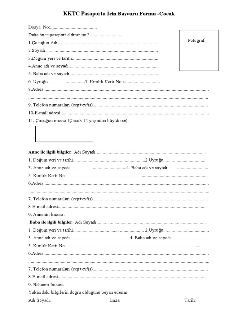 KKTC Pasaportu Basvuru Formu Cocuk | PDF
