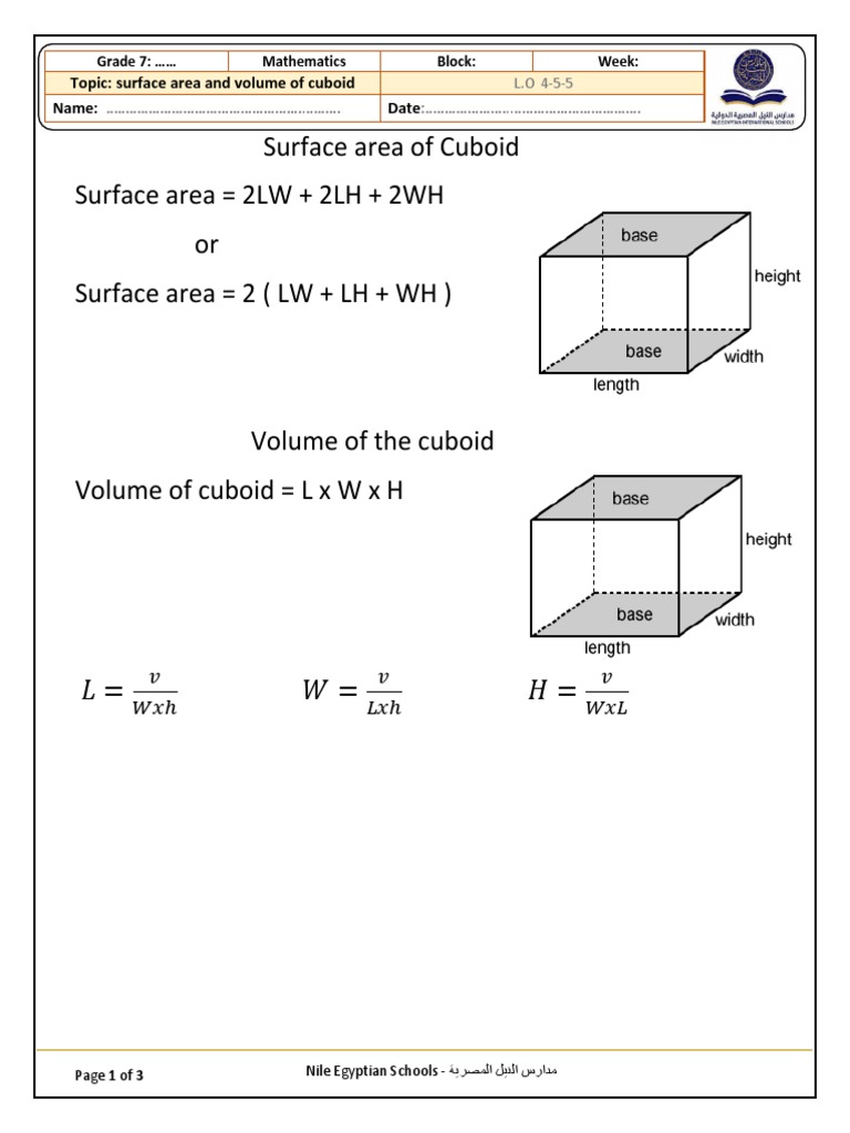 Surface Area and Volume of Cuboids | PDF | Teaching Methods & Materials ...