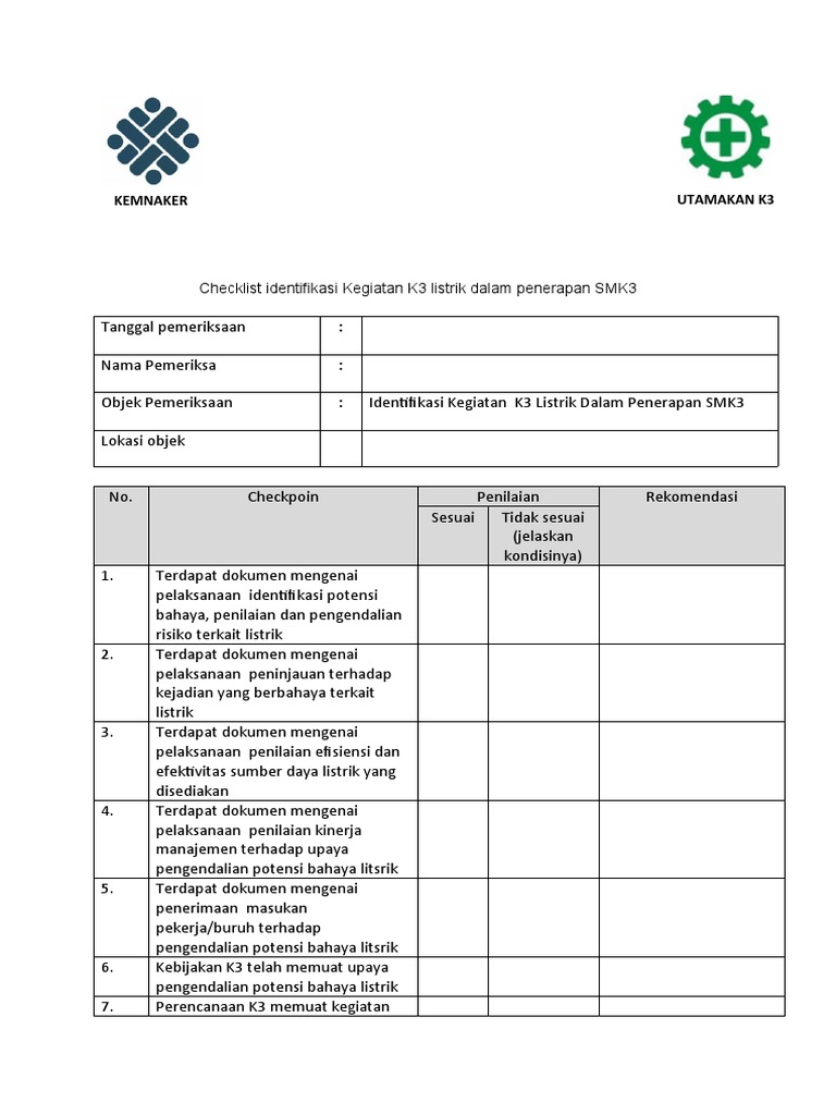 Checklist Identifikasi Kegiatan K3 Listrik Dalam Penerapan SMK3 | PDF
