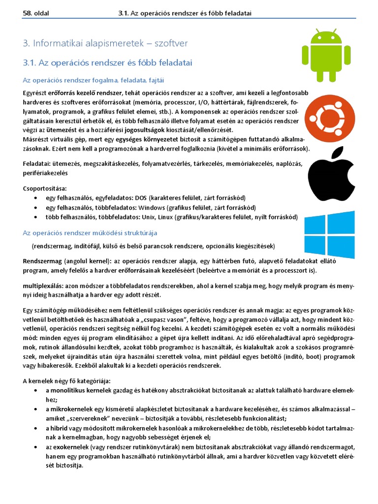 Informatikai Alapismeretek - Szoftver: 3.1. Az Operációs Rendszer És ...
