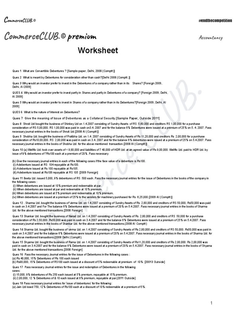Worksheet Accountancy - 1 | PDF | Debenture | Banking