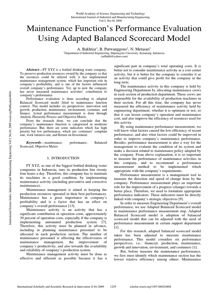 Maintenance Function's Performance Evaluation Using Adapted Balanced Scorecard Model | PDF ...