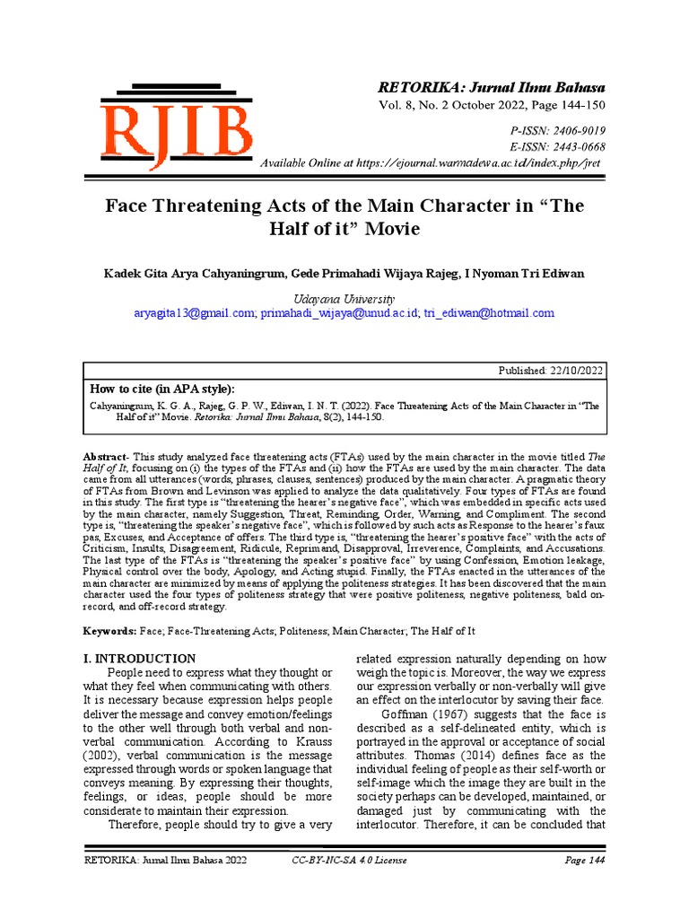 Face Threatening Acts of The Main Character in The Half Odd It. | Download Free PDF | Cognitive ...
