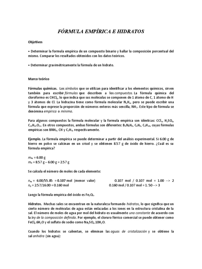 Fórmula Empírica e Hidratos | PDF | Compuestos químicos | Moléculas