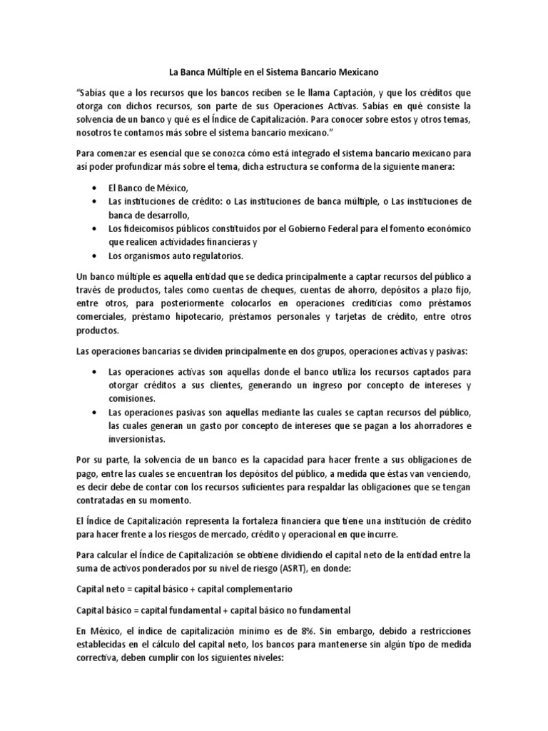 La Banca Múltiple en El Sistema Bancario Mexicano | PDF | Bancos | Interés