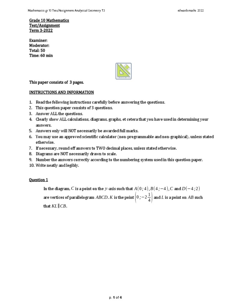 Grade 10 Analytical Geometry Test T3 | PDF | Geometric Shapes ...