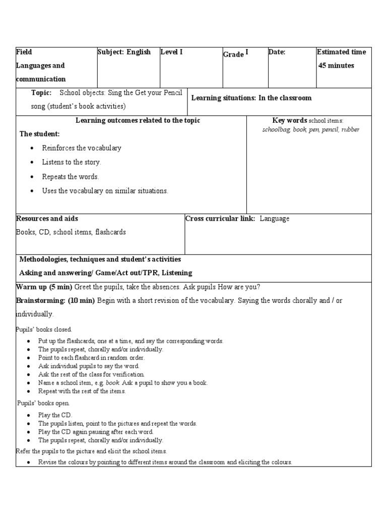 20.school Objects Sing The Get Your Pencil Song | PDF | Vocabulary ...
