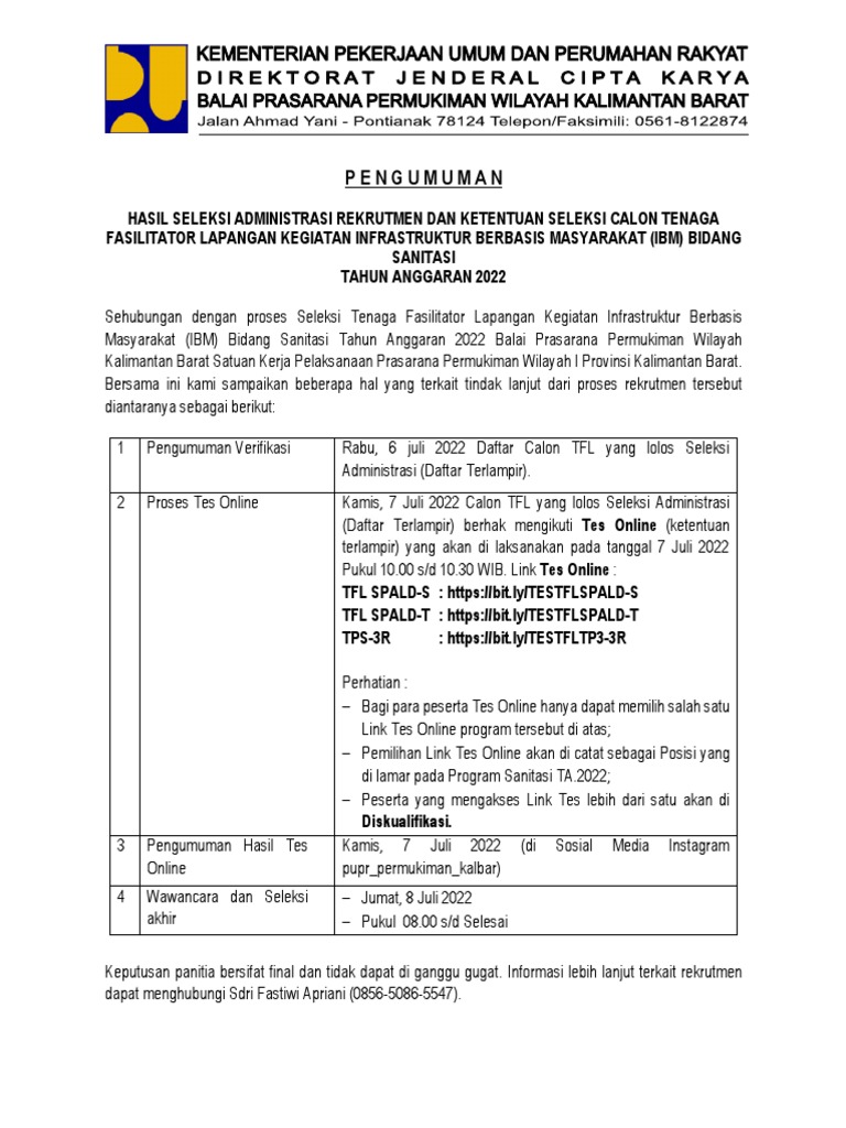 Surat Hasil Seleksi Administrasi Rekrutmen TFL Ibm Sanitasi | PDF