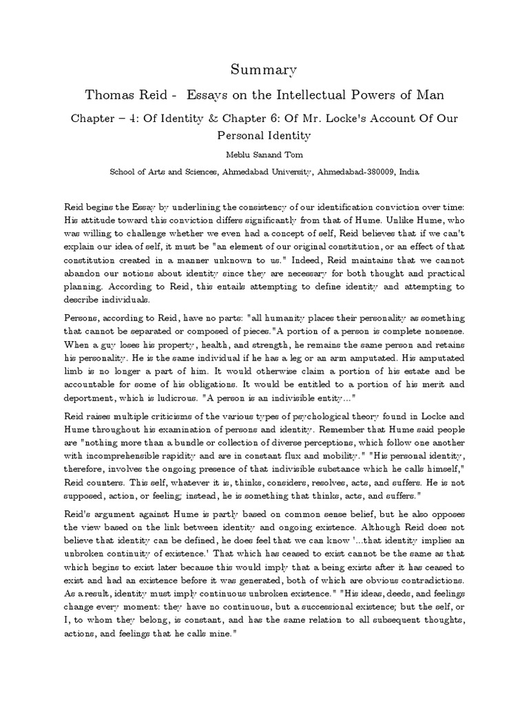 Summary Thomas Reid Essays On The Intellectual Powers of Man | PDF ...