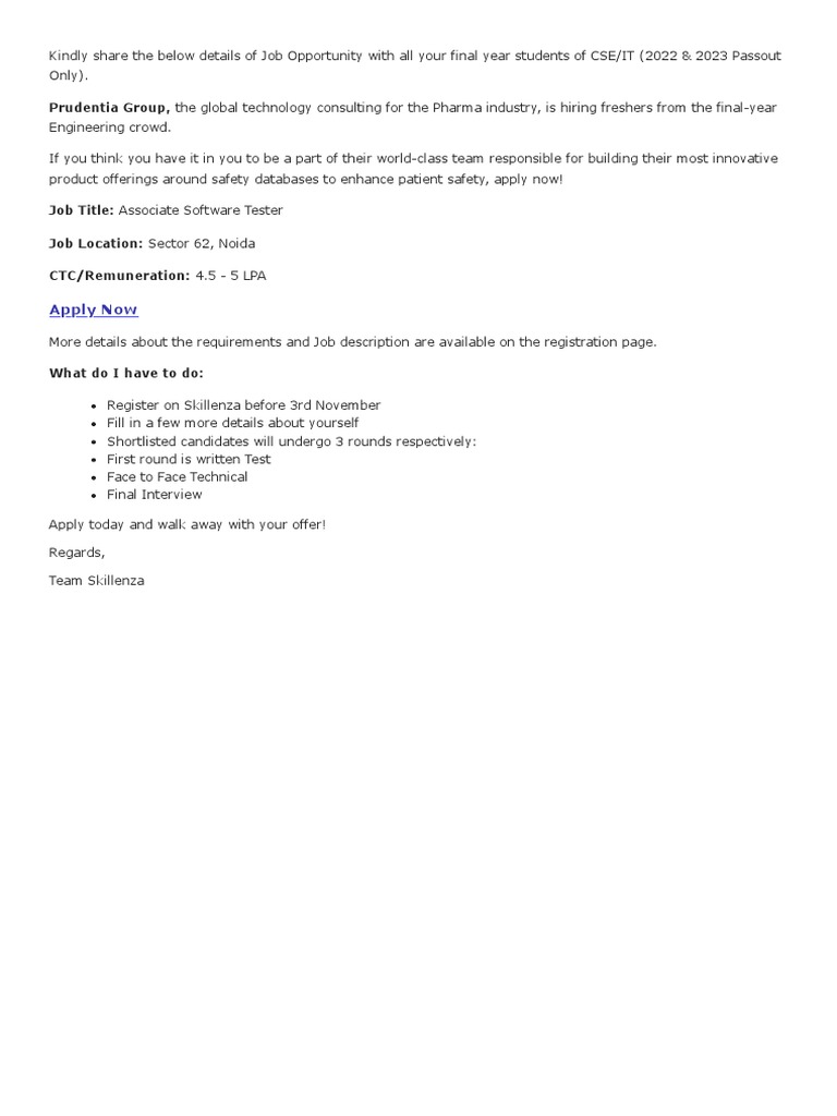 Prudentia Hiring Software Testers 4 5 5 LPA BE B Tech 2022 2023