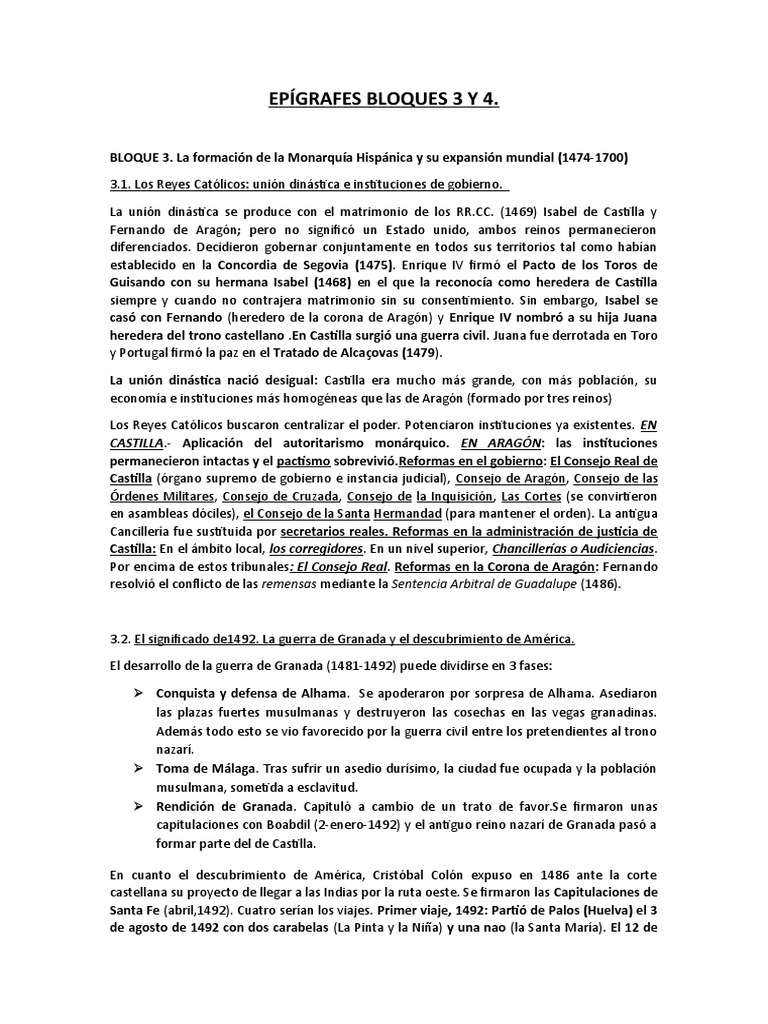 Epígrafes Bloques 3 y 4 | PDF | Imperio español | España