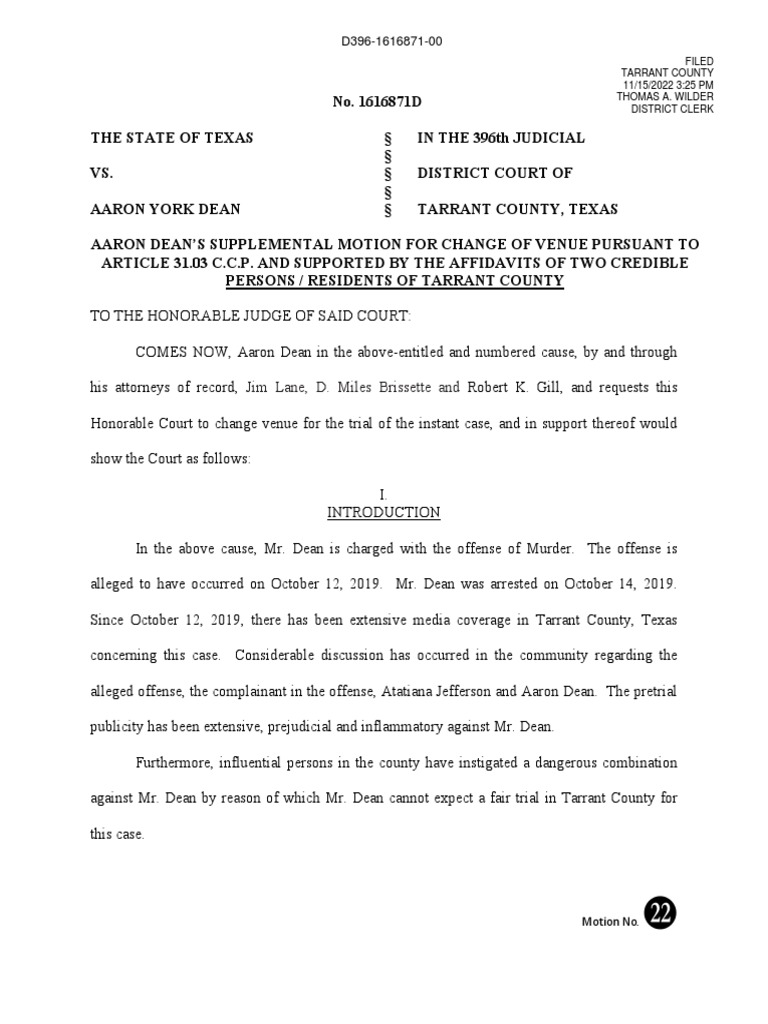 Aaron Dean Motion To Change Venue | PDF | Government | Common Law