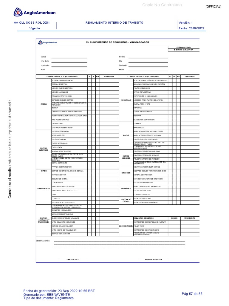 Formato Checklist - Minicargador | PDF | Vehículos de ruedas | Vehículos