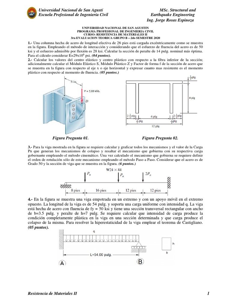 3er EXAMEN PARCIAL DE RESISTENCIA DE MATERIALES 2 2020 2do SEM | PDF | Viga (Estructura ...