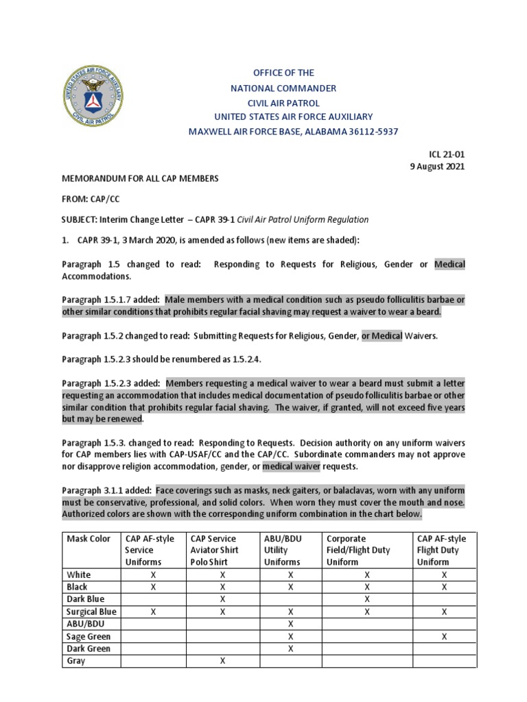CAP Uniform Regulation Updates | PDF | Trousers | Civil Air Patrol