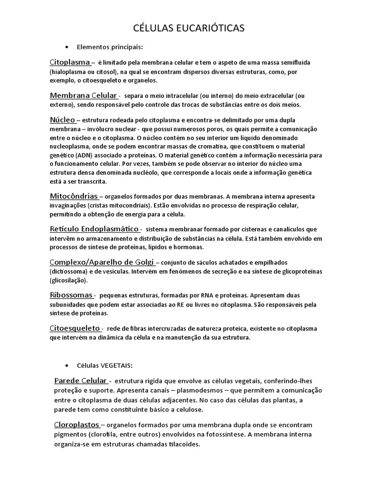 Características fundamentais das células eucarióticas vegetais e ...