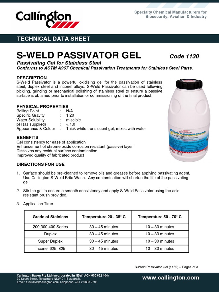 S-Weld Passivator Gel | PDF | Stainless Steel | Chemistry
