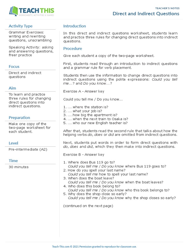 Indirect Questions Practice (Rules) | PDF | Question | English Language