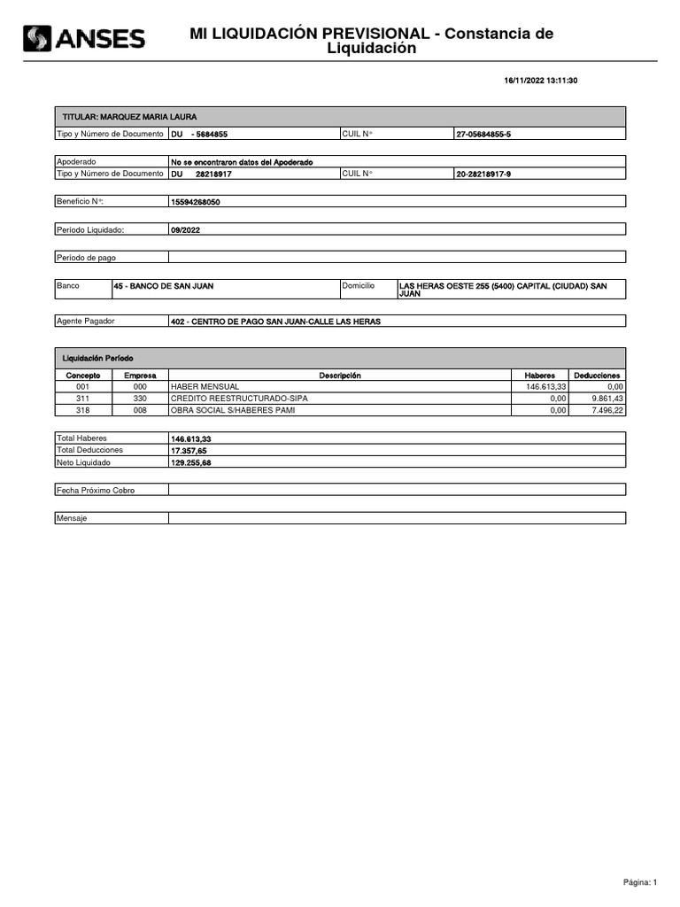 ANSES Mi Liquidacion Previsional Constancia de Liquidación20221116 | PDF