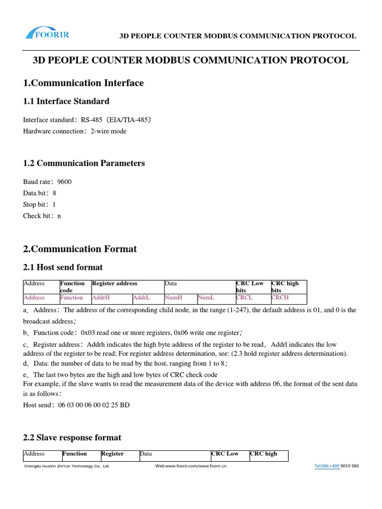 3D People Counter Modbus Communication Protocol - V1.2 | PDF | Server (Computing) | Computer ...