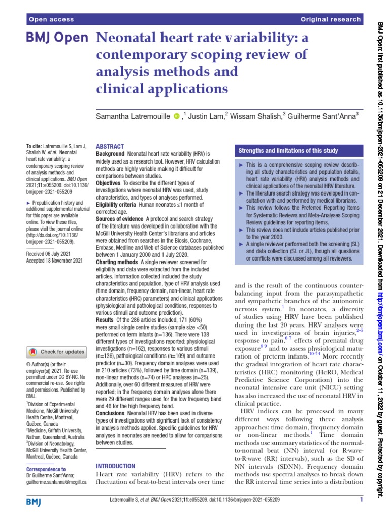 Neonatal Heart Rate Variability - A Contemporary Scoping Review of Analysis Methods and Clinical ...