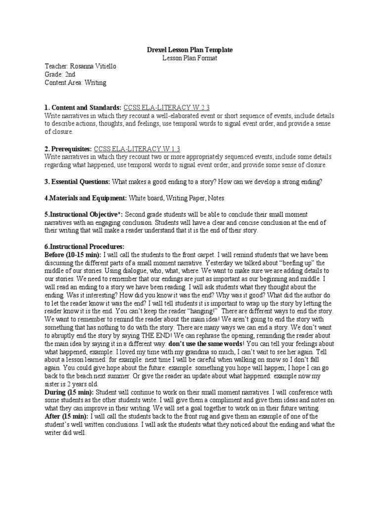 2nd Grade Writing Lesson Plan Template | PDF | Lesson Plan | Narrative