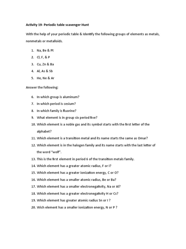 Periodic Table Scavenger Hunt Worksheet | PDF