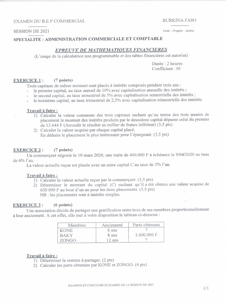 BEP COMMERCIAL 2021 - Maths Financires | PDF