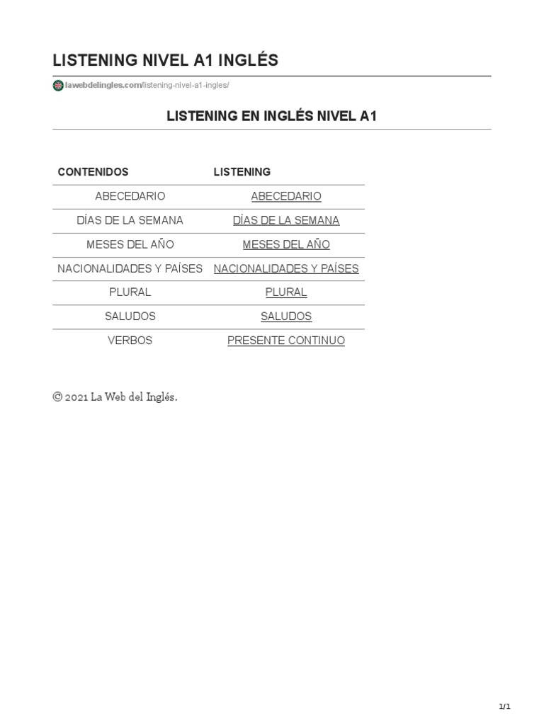 Listening A1 en Inglés: Contenidos Clave | PDF