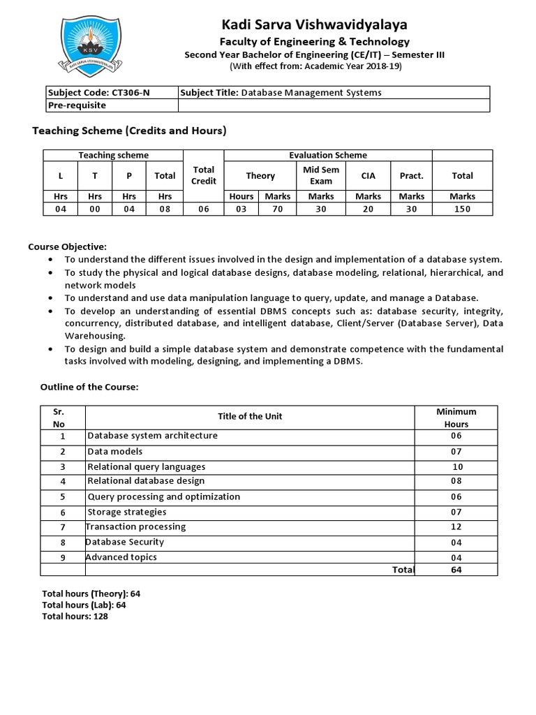 Database Management Systems Course Syllabus | PDF | Databases | Relational Database