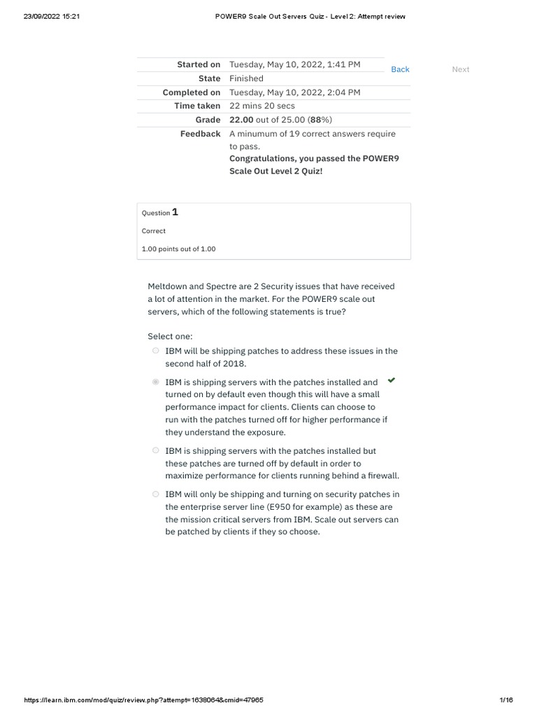 POWER9 Scale Out Servers Quiz - Level 2 - Attempt Review | PDF | Ibm Db2 | Central Processing Unit