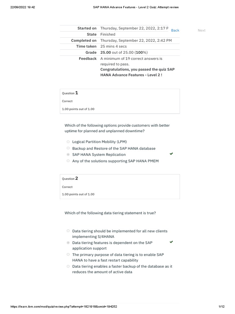 SAP HANA Advance Features - Level 2 Quiz - Attempt Review | Download Free PDF | Computer Data ...