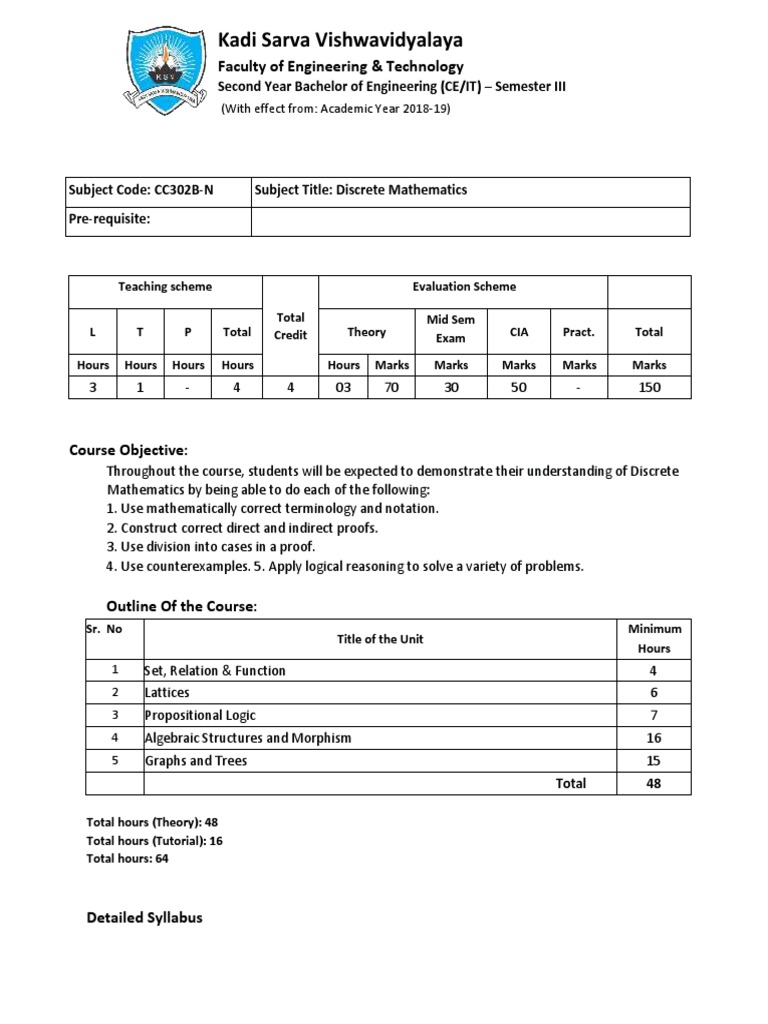Discrete Mathematics Course Outline | PDF | Discrete Mathematics ...