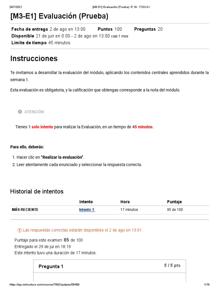(M3-E1) Evaluación (Prueba) - R.19 - FÍSICA I | PDF | Fuerza | Energía potencial