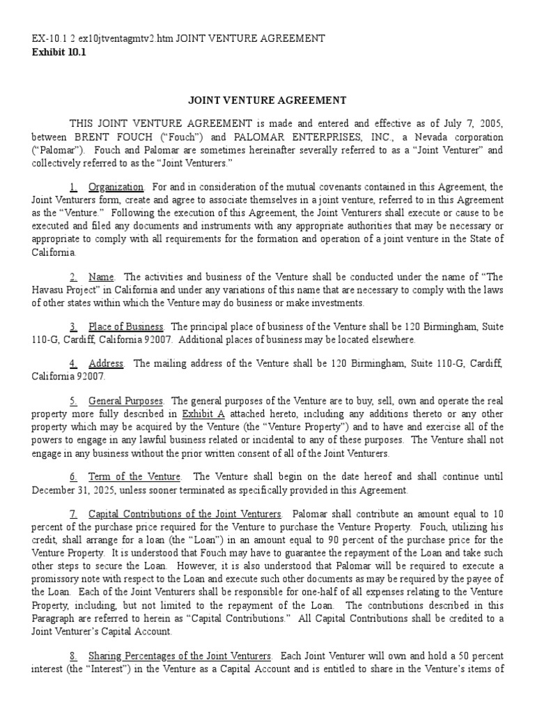 Exhibit 10.1 - Joint Venture Agreement | PDF | Assignment (Law) | Interest