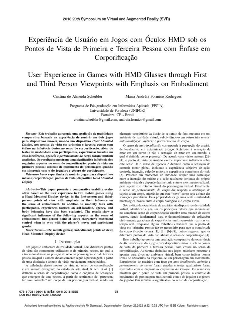 User Experience in Games With HMD Glasses Through First and Third Person Viewpoints With ...