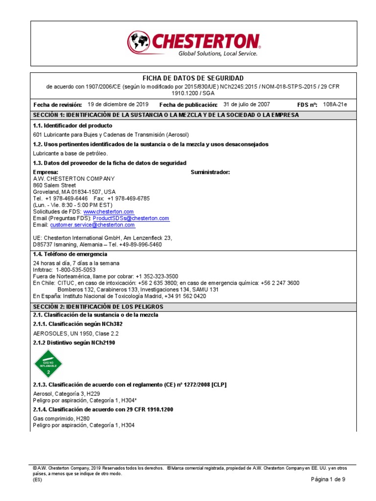 Lubricante Chesterton 601 Spray MSDS | PDF | Ciencias fisicas | Química
