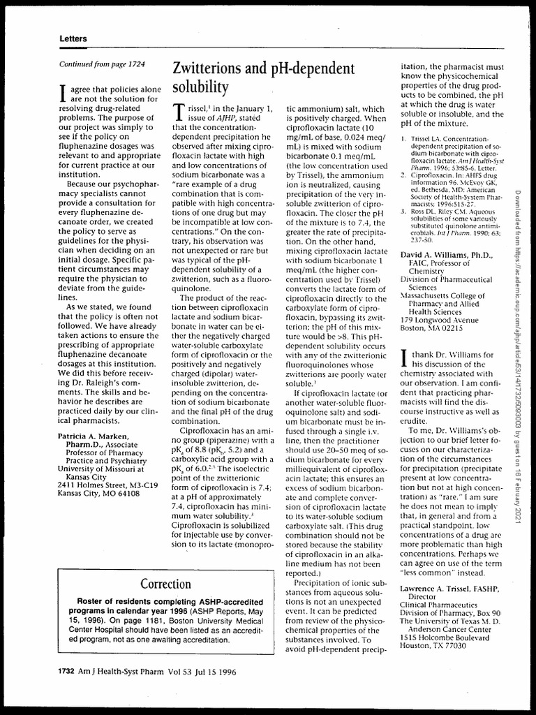 Zwitterion And Ph Dependent Solubilty Pdf Solubility Ph