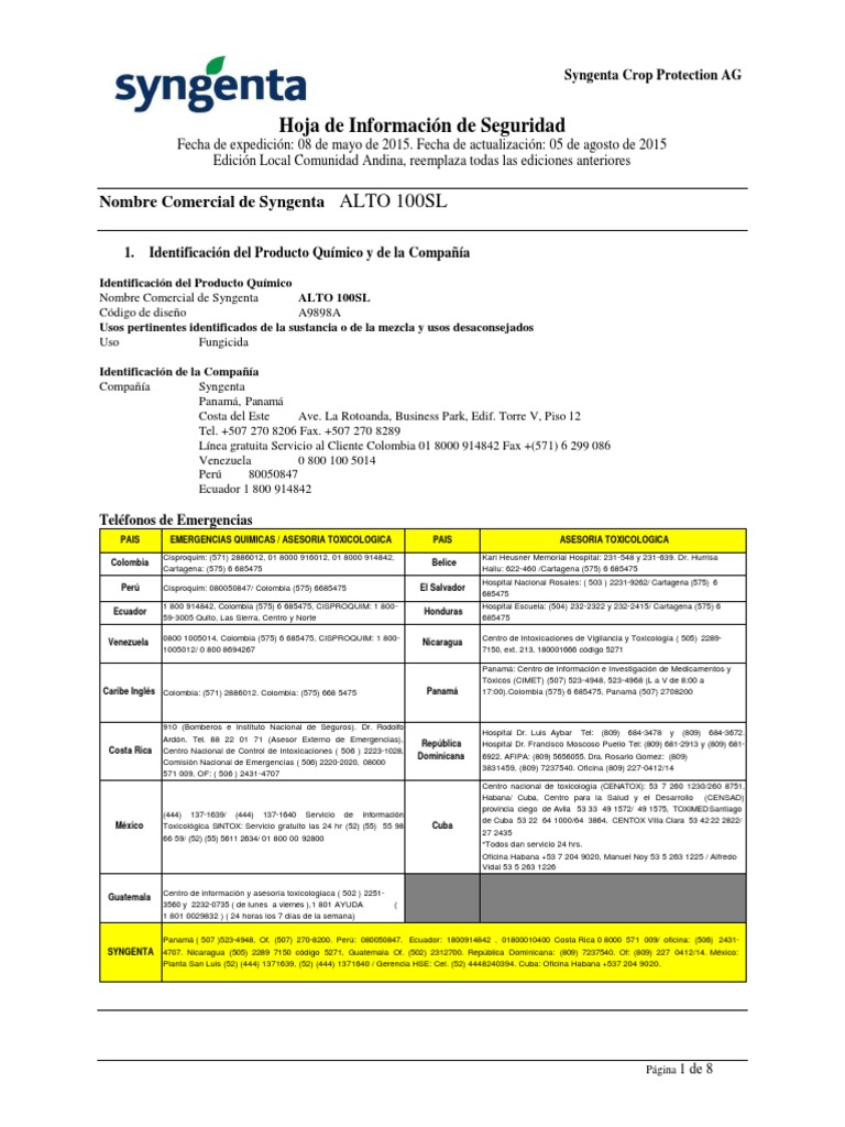 Alto 100 SL Hoja de Seguridad | PDF | Agua | Residuos