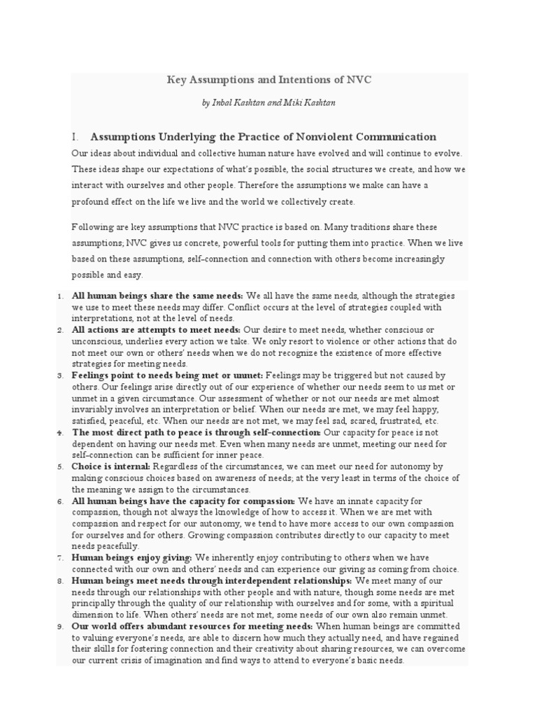 Key Assumptions and Intentions of Nonviolent Communication: Fostering Connection Through ...