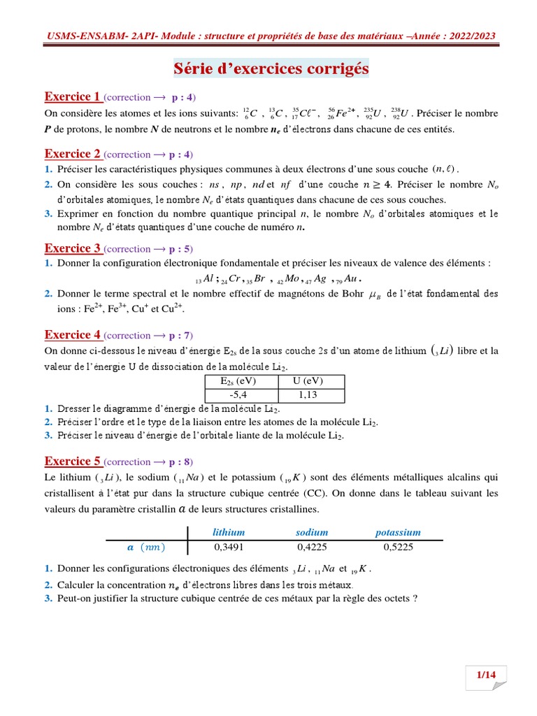 Exercices Corrégies - Structures Et Propriétés de Bases Des Matériaux ...