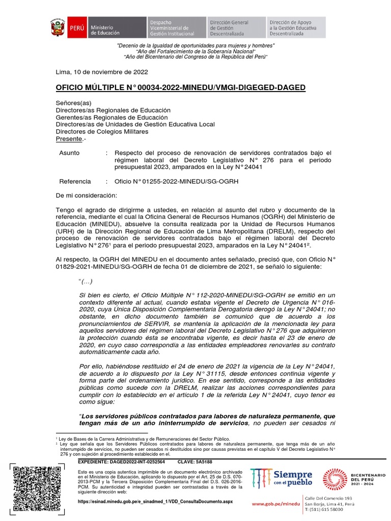 Oficio Multiple 034 2022 Minedu Vmgi Digeged Daged | PDF | Gestión de recursos humanos | Lima