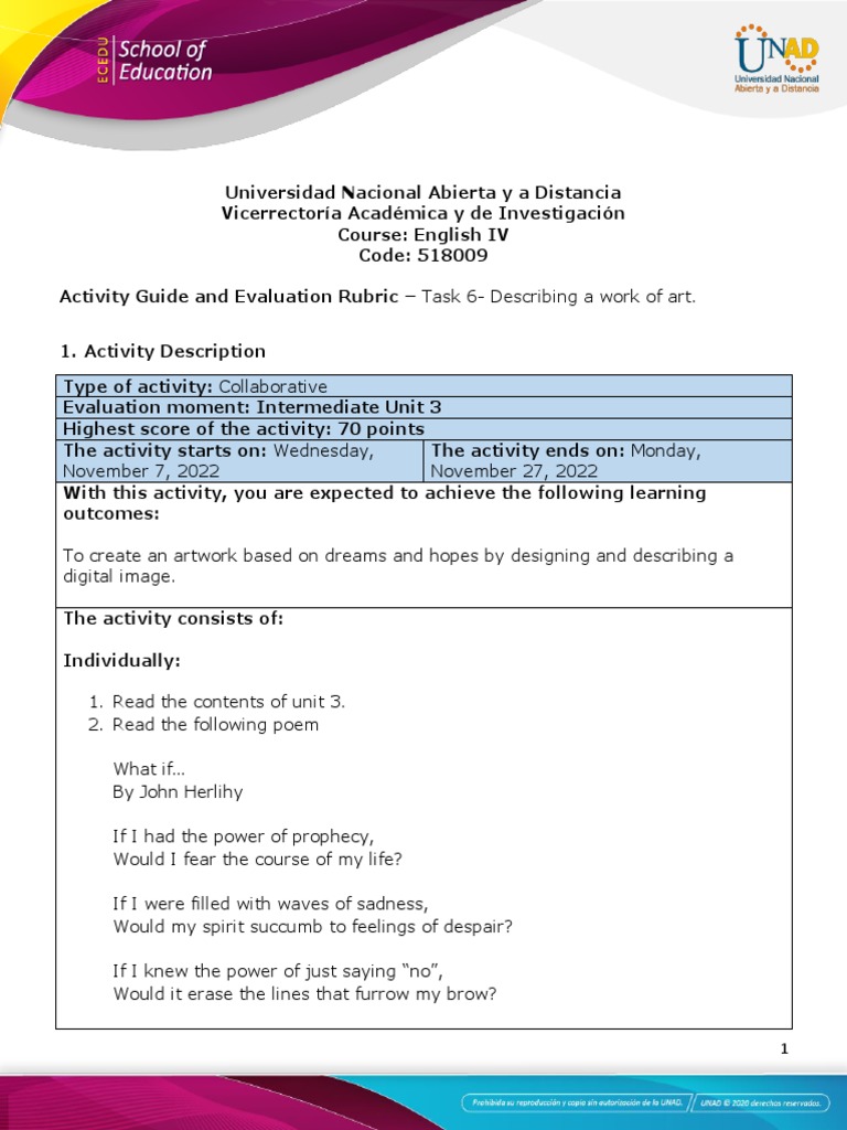 Activities Guide and Evaluation Rubric - Unit 3 - Task 6 - Describing A ...