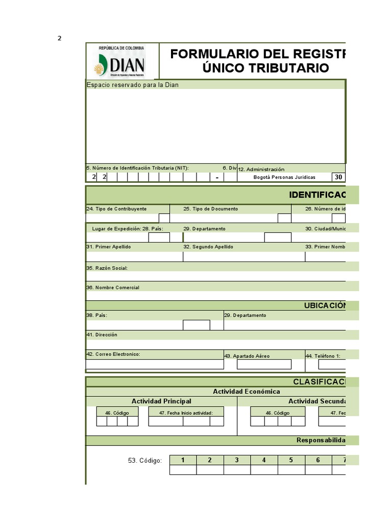 Formulario Del Registro Único Tributario: Espacio Reservado para La ...