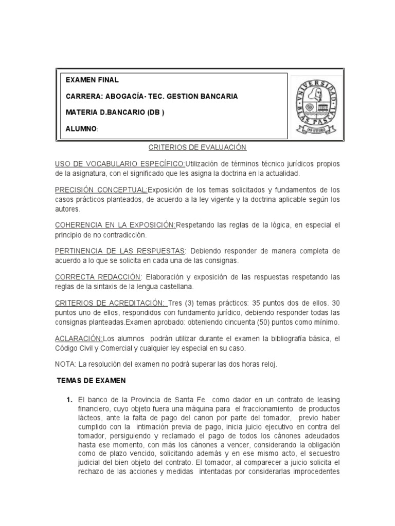 Examen Final Derecho Bancario - Sara Luna-1 | PDF | Prueba (evaluación) | Bancos